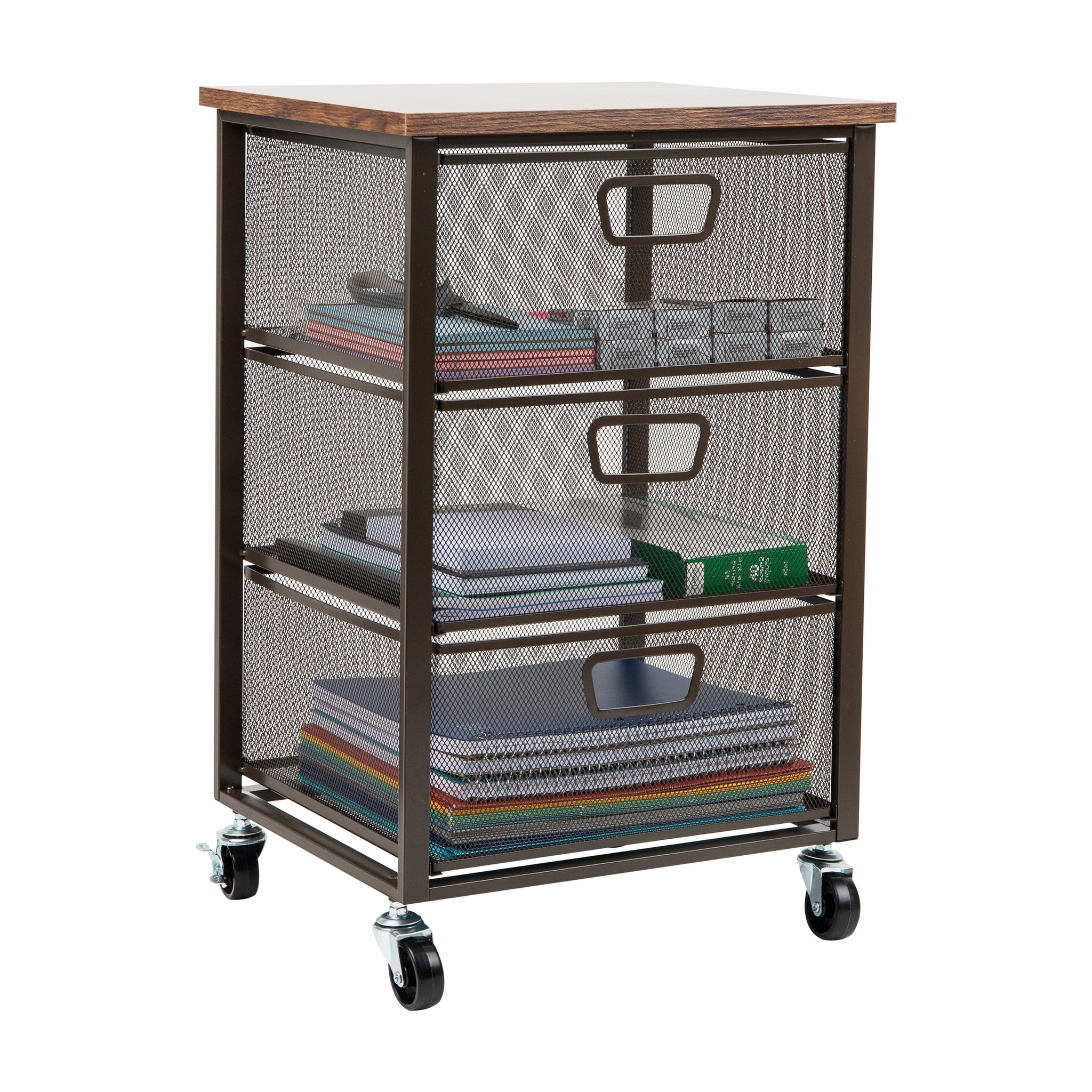 Mind Reader 3-Drawer Rolling Storage Cart, Office Organizer with Wood ...